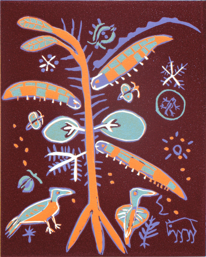 DUU NGOO (WORMS) AND TWO BIRDS, 2018 (REDUCTION LINOCUT) - Kuru Art Project