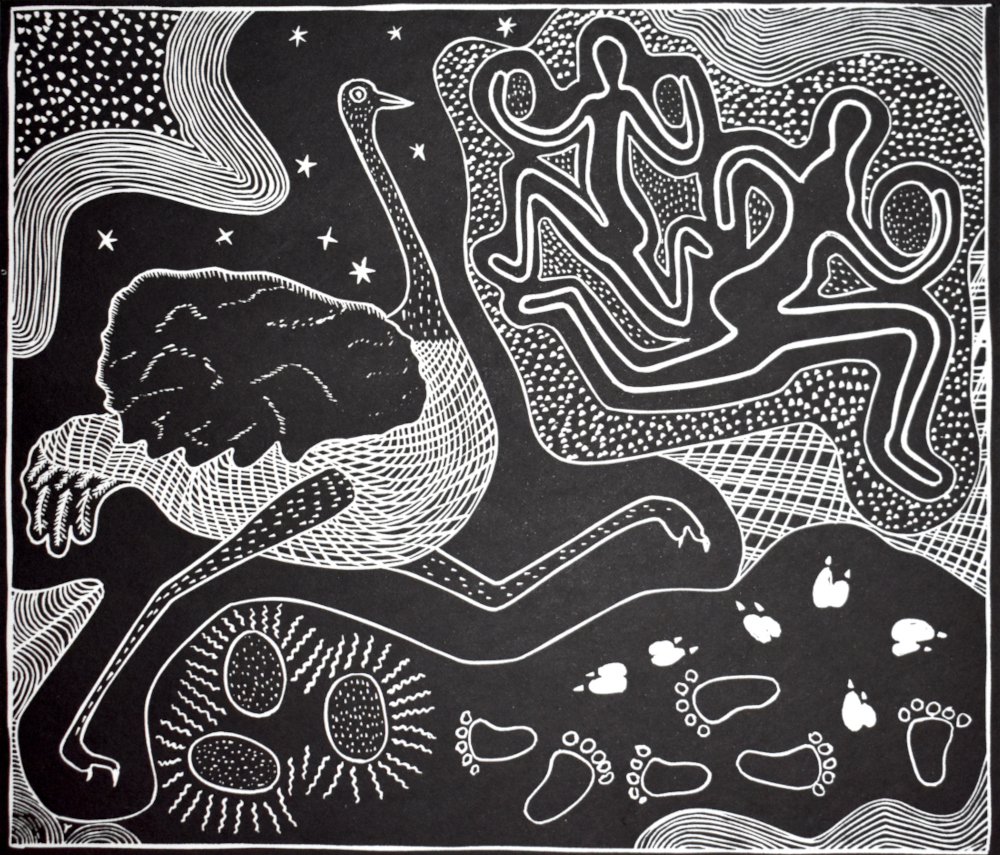 STEALING OSTRICH EGGS, 2022 (LINOCUT) - Kuru Art Project